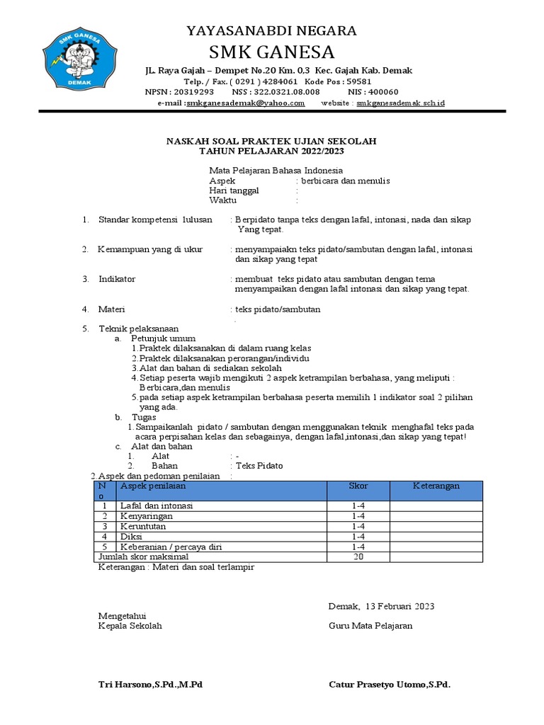 Naskah Soal Praktek Ujian Sekolah | PDF