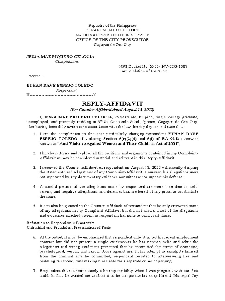 Reply Affidavit - Celocia | PDF | Affidavit | Postpartum Depression