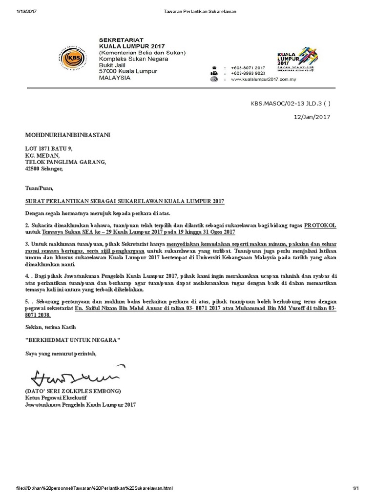 Tawaran Perlantikan Sukarelawan PDF | PDF