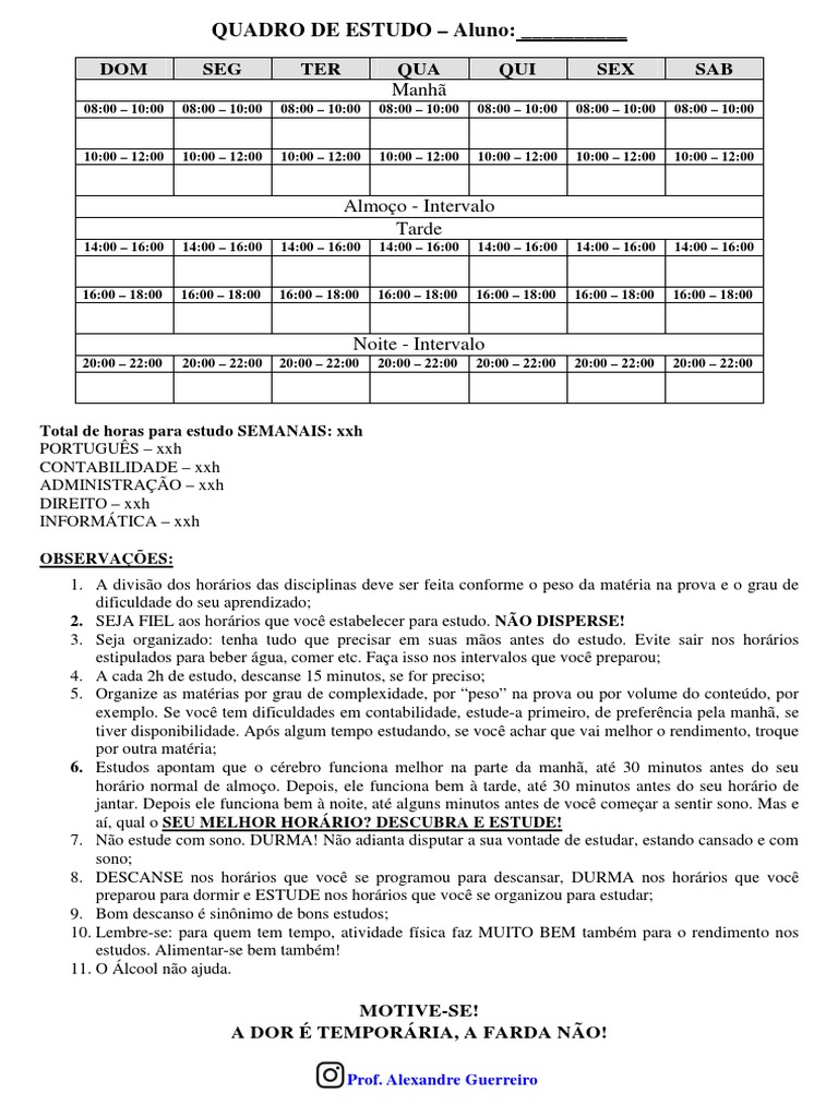 QUADRO DE ESTUDO - Modelo - em Branco | PDF | Dormir