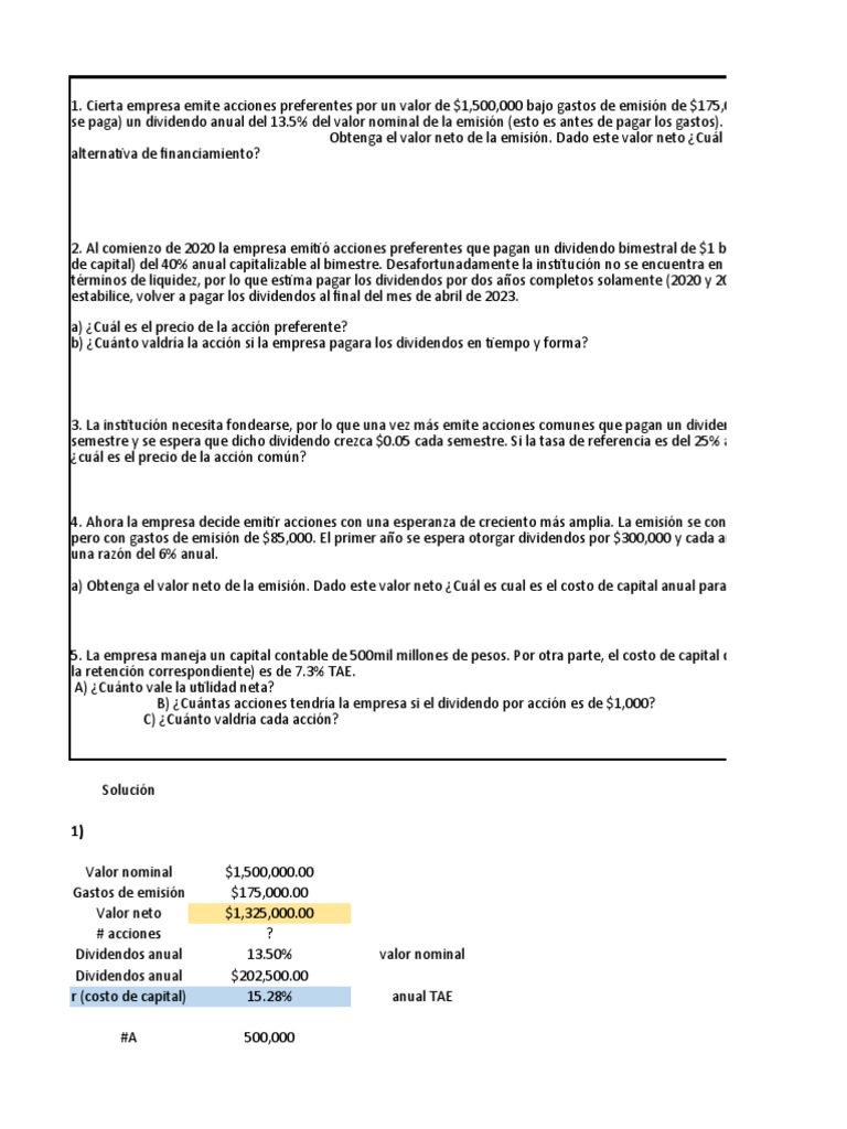 Ejercicios Acciones Finanzas | PDF | Compartir (Finanzas) | Dividendo
