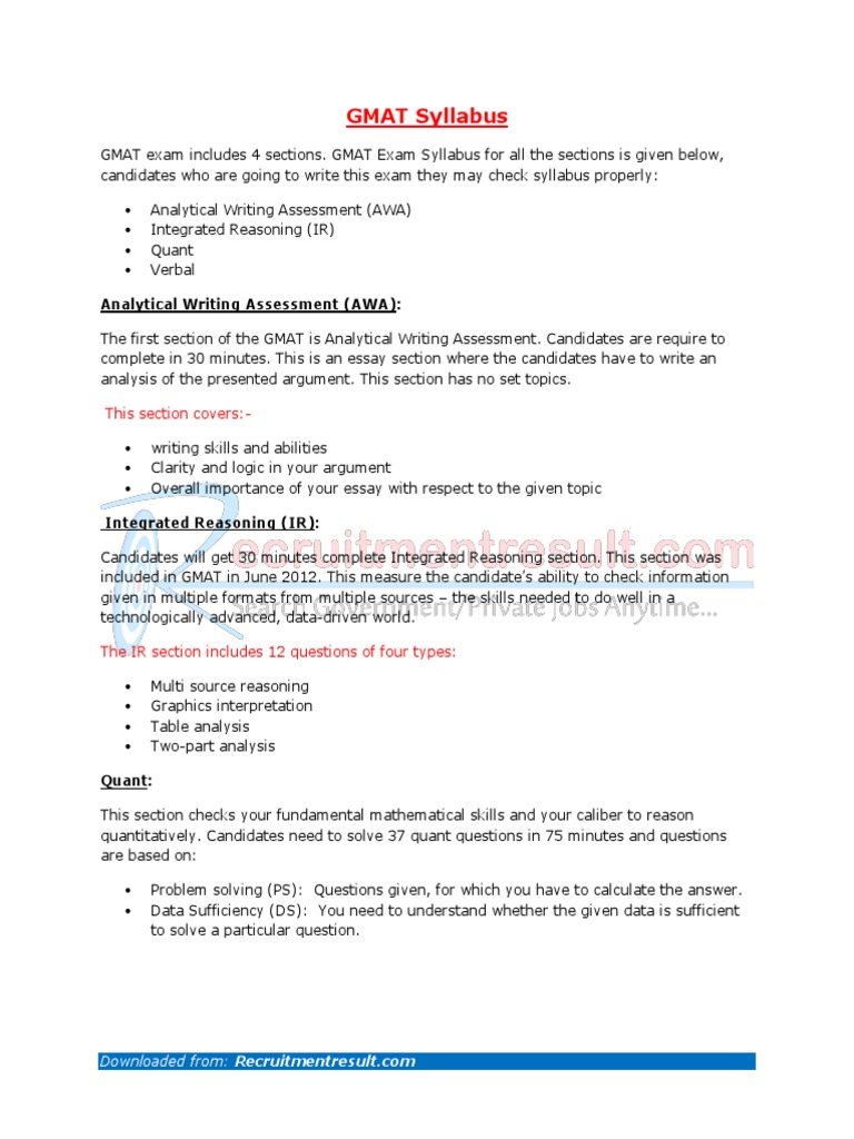 GMAT Syllabus: Analytical Writing Assessment (AWA) | PDF | Graduate ...