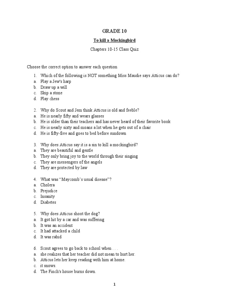 TKAM Chapters 10-15 Quiz | PDF | To Kill A Mockingbird