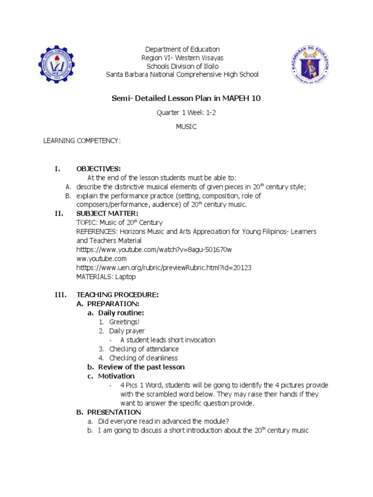 MAPEH 10 Music Lesson Plan: 20th Century | PDF | Lesson Plan | Learning