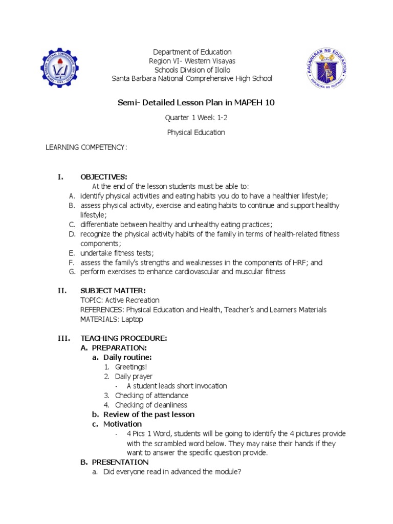 Lesson Plan In Mapeh 10 Pe Q1 W1 2 Pdf Physical Fitness