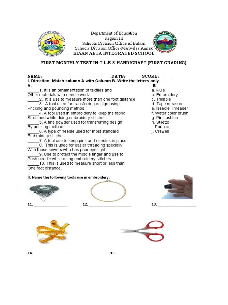 Monthly Test Grade 8 Handicraft | PDF