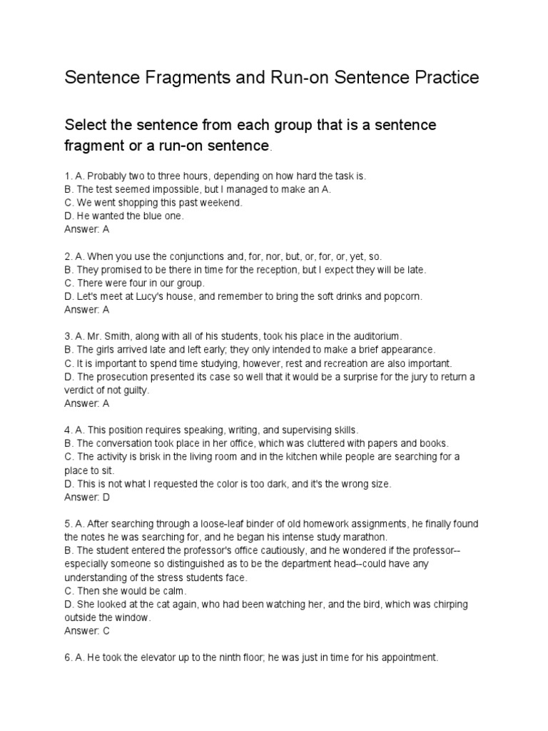 Sentence Fragment and Run-On Practice | PDF