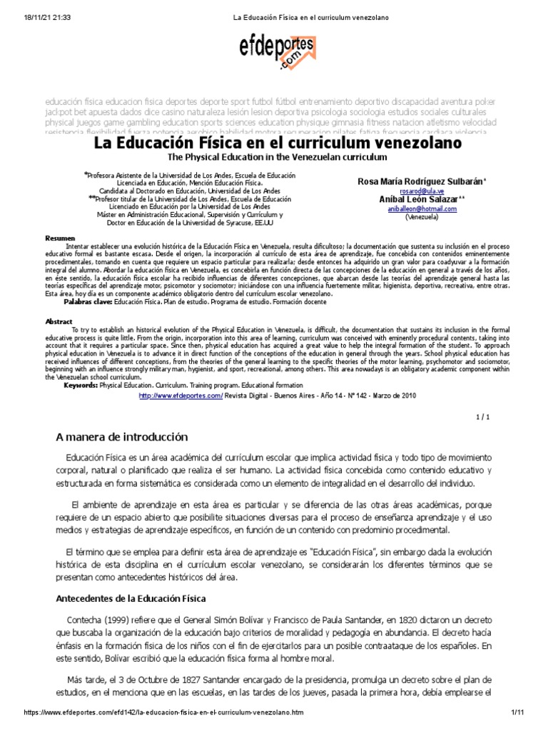 La Educación Física en El Curriculum Venezolano | PDF | Plan de estudios | Educación primaria