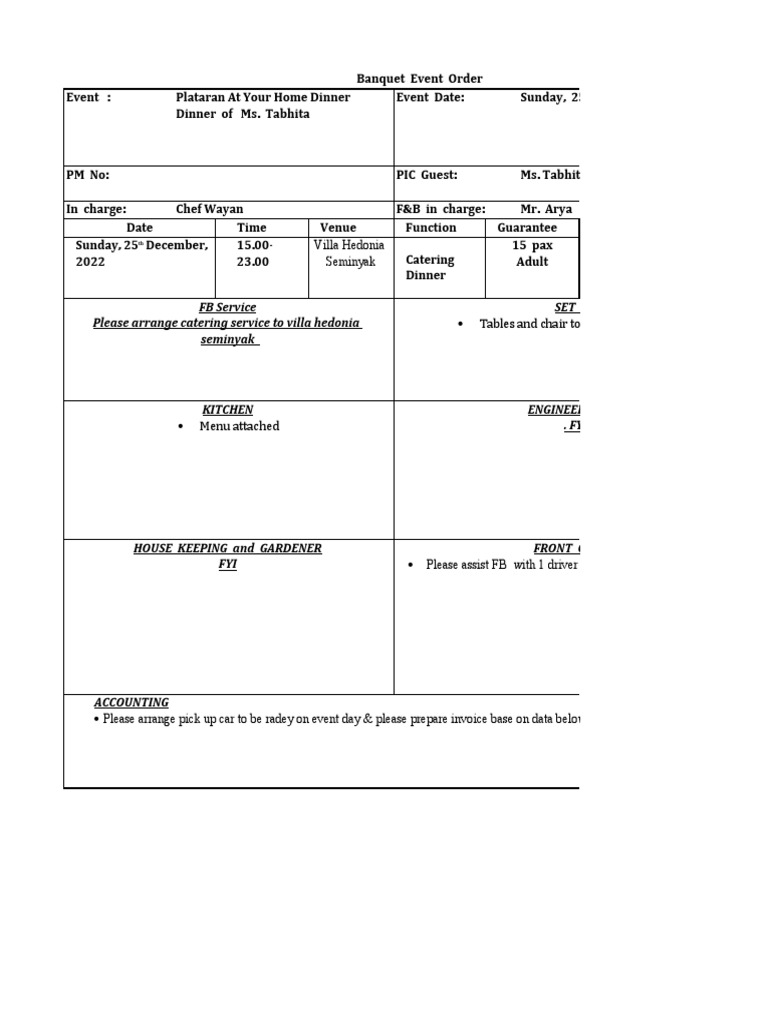 BEO - Catering Service Ms Tabitha | PDF
