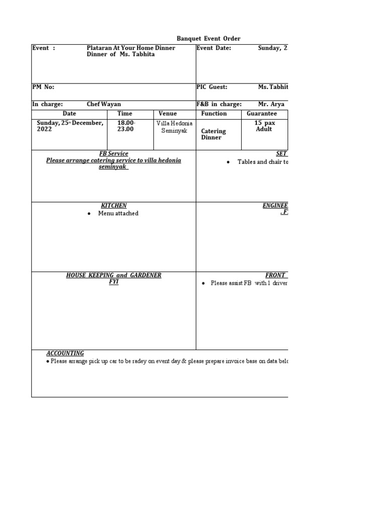 BEO - Catering Service Ms Tabitha | PDF