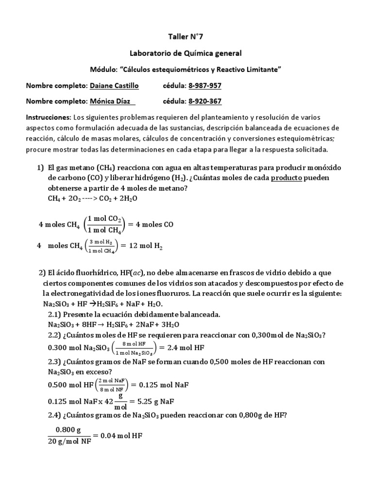 Taller N°7 - Cálculos Estequiométricos y Reactivo Limitante | PDF | Metano | Estequiometría
