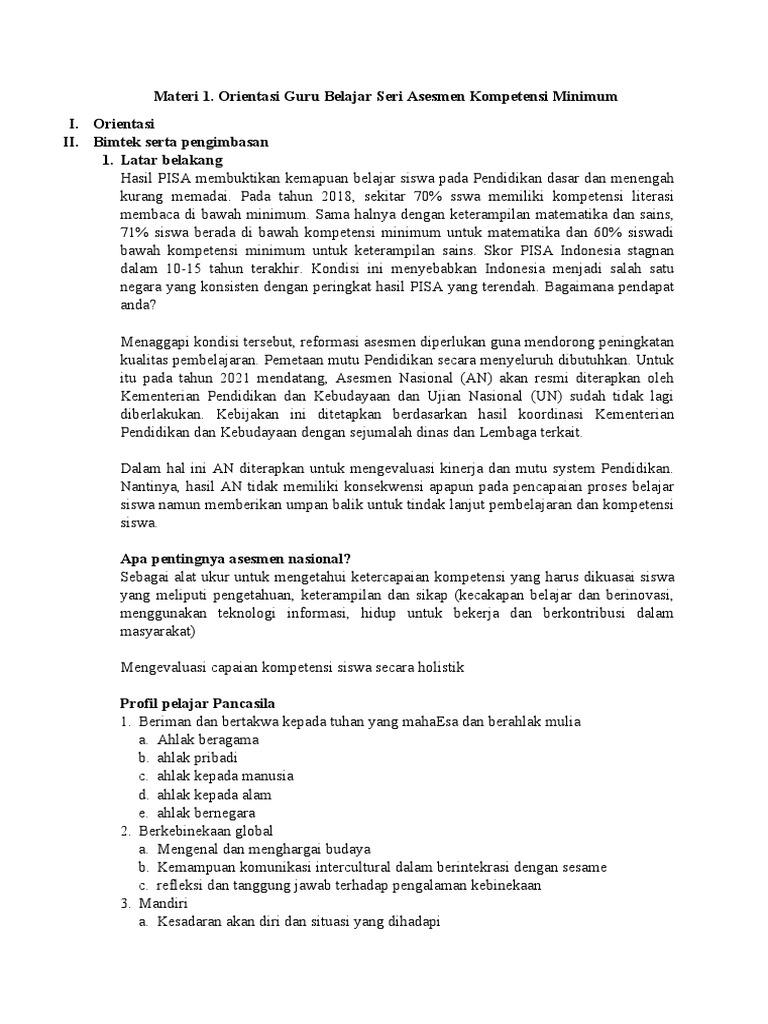 Materi 1. Orientasi Guru Belajar Seri Asesmen Kompetensi Minimum I. Orientasi II. Bimtek Serta ...