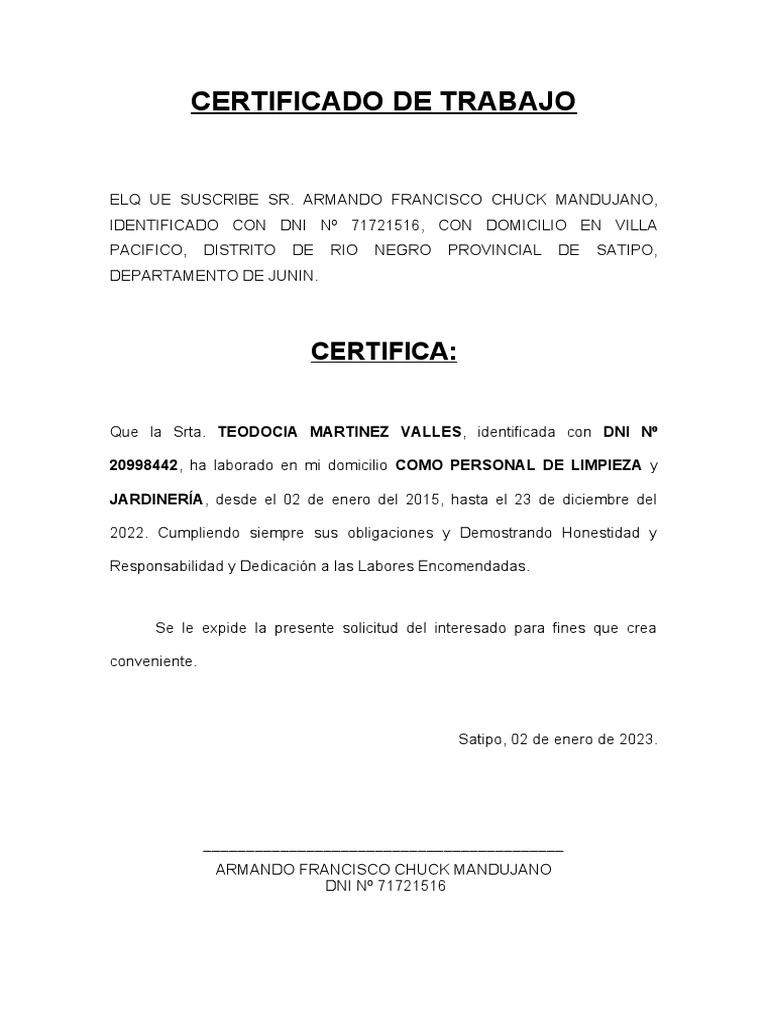 Certificado de Trabajo Jardinera | PDF