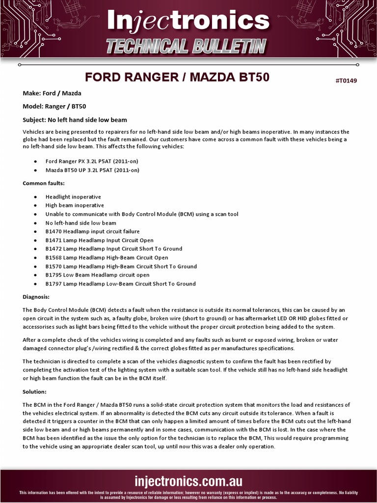 TS0149 FordRanger MazdaBT50 Nolefthandlowbeam | PDF | Headlamp | Vehicles