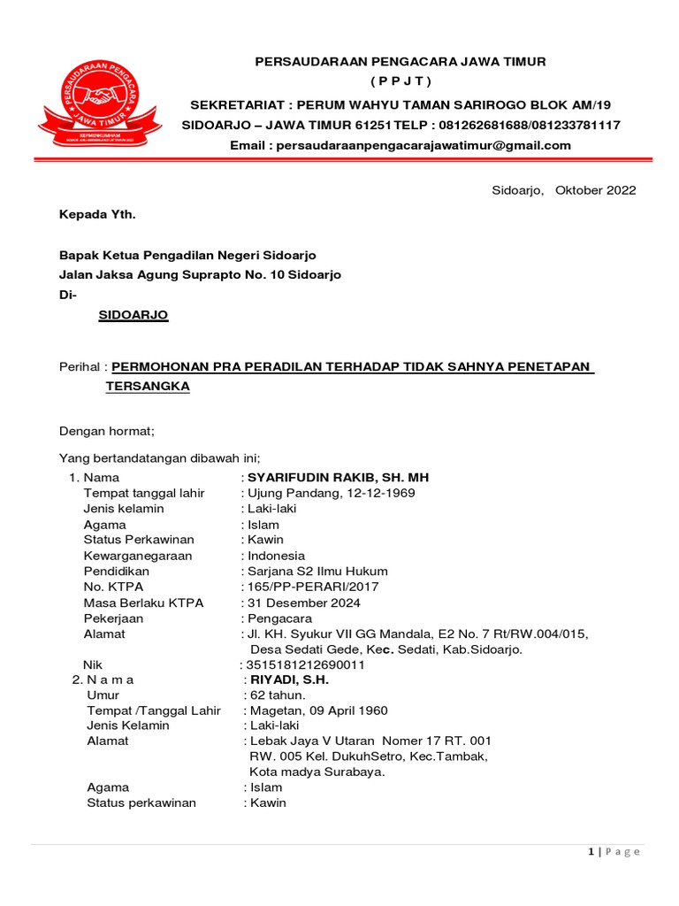 Pra Peradilan Syahroni Alim 28 10 22 Pukul 06.00 Wib | PDF | Hukum