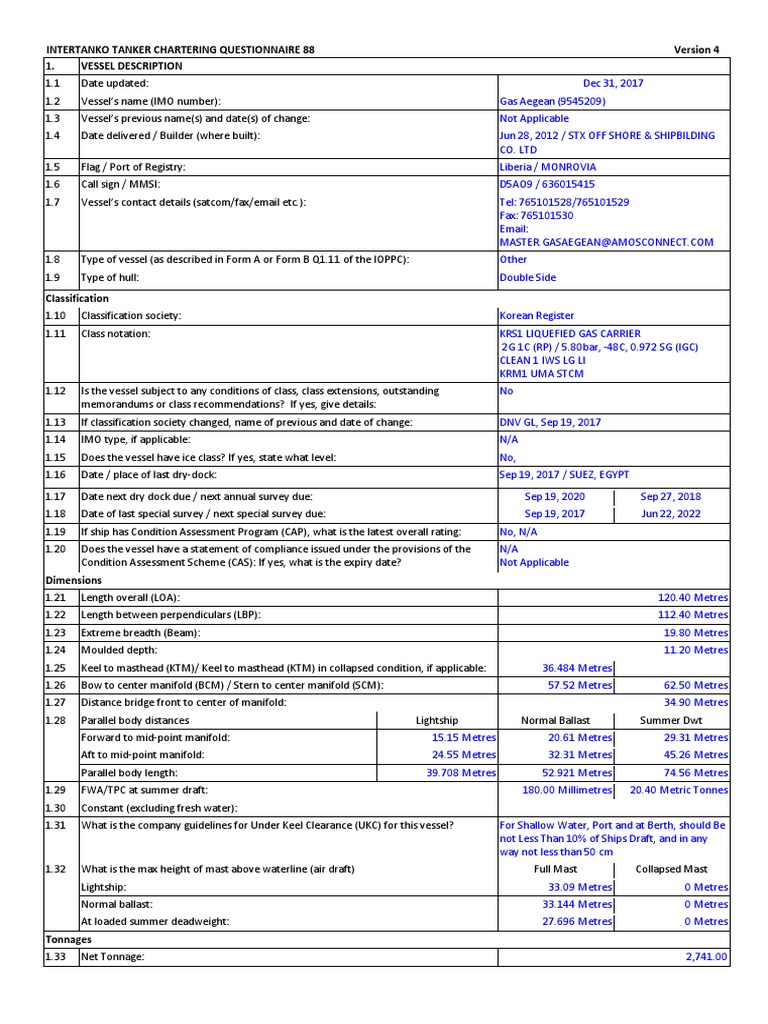 Gas Aegean - Q88 | PDF | Tonnage | Marine Propulsion