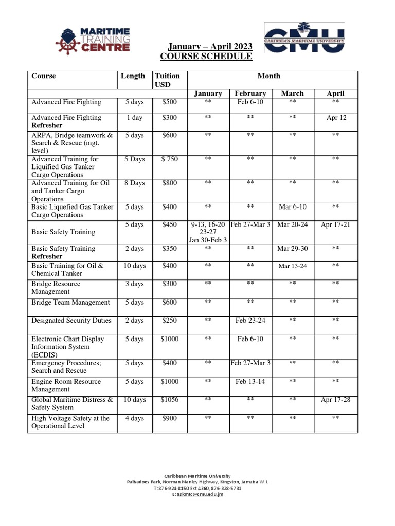 MTC Course Schedule Jan-Apr 2023 | PDF | Shipping | Water Transport