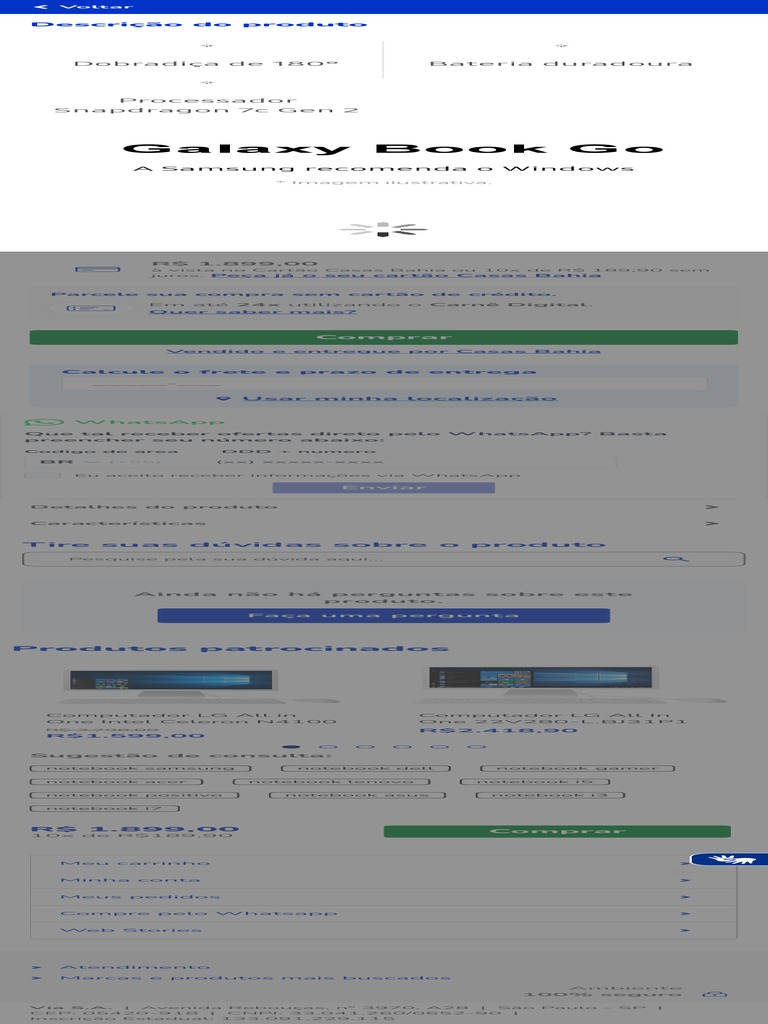 Notebook Samsung Galaxy Book Go Snapdragon 7c 4gb 128gb SSD Tela 14 ...