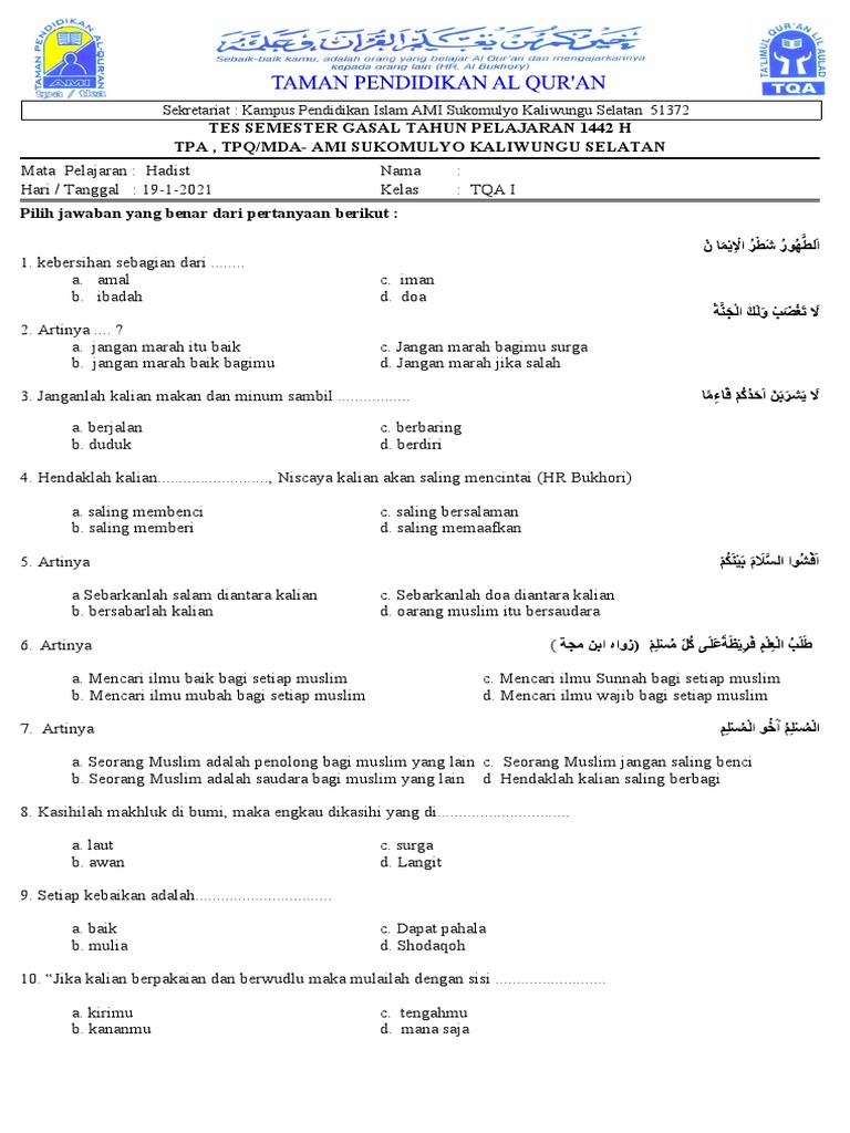 Soal Hadisth Semester I Tqa I Fix | PDF