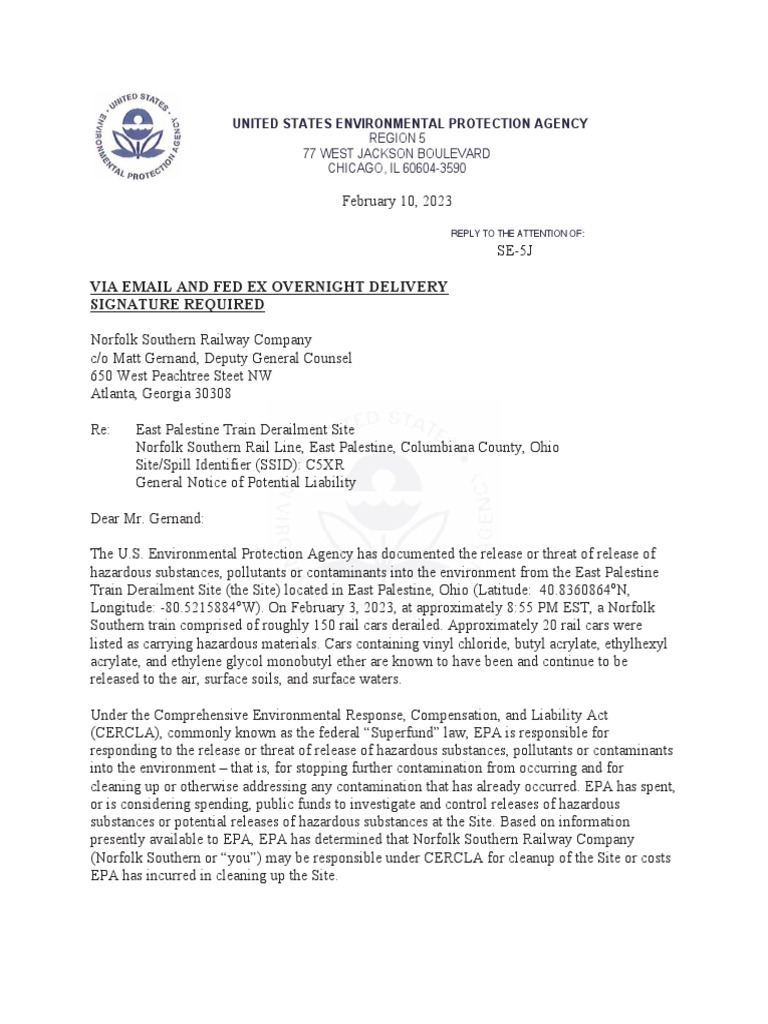Norfolk Southern East Palestine Train Derailment General Notice Letter ...