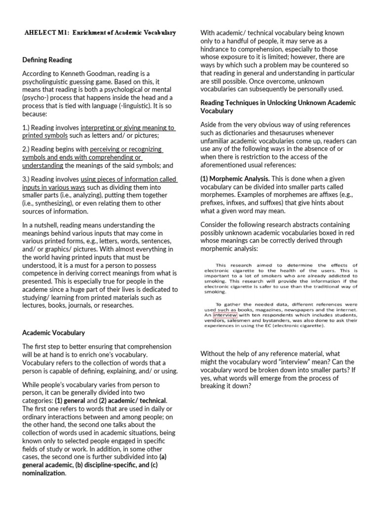 AHELECT M1 - Enrichment of Academic Vocabulary | PDF | Reading Comprehension | Vocabulary