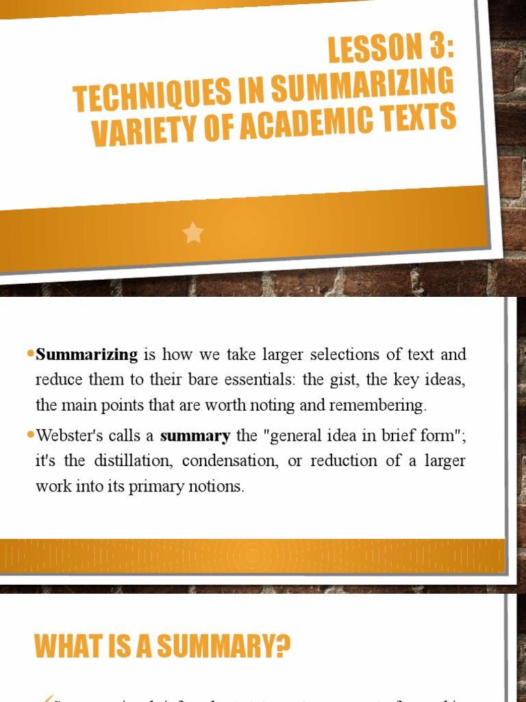 Lesson 3 Techniques in Summarizing Variety of Academic Texts | PDF ...