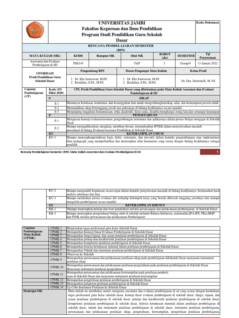 RPS Assesmen Dan Evaluasi Pembelajaran Di SD | PDF | Karier & Perkembangan