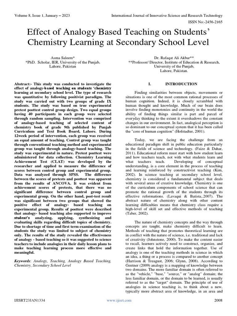 Effect of Analogy Based Teaching On Students' Chemistry Learning at ...
