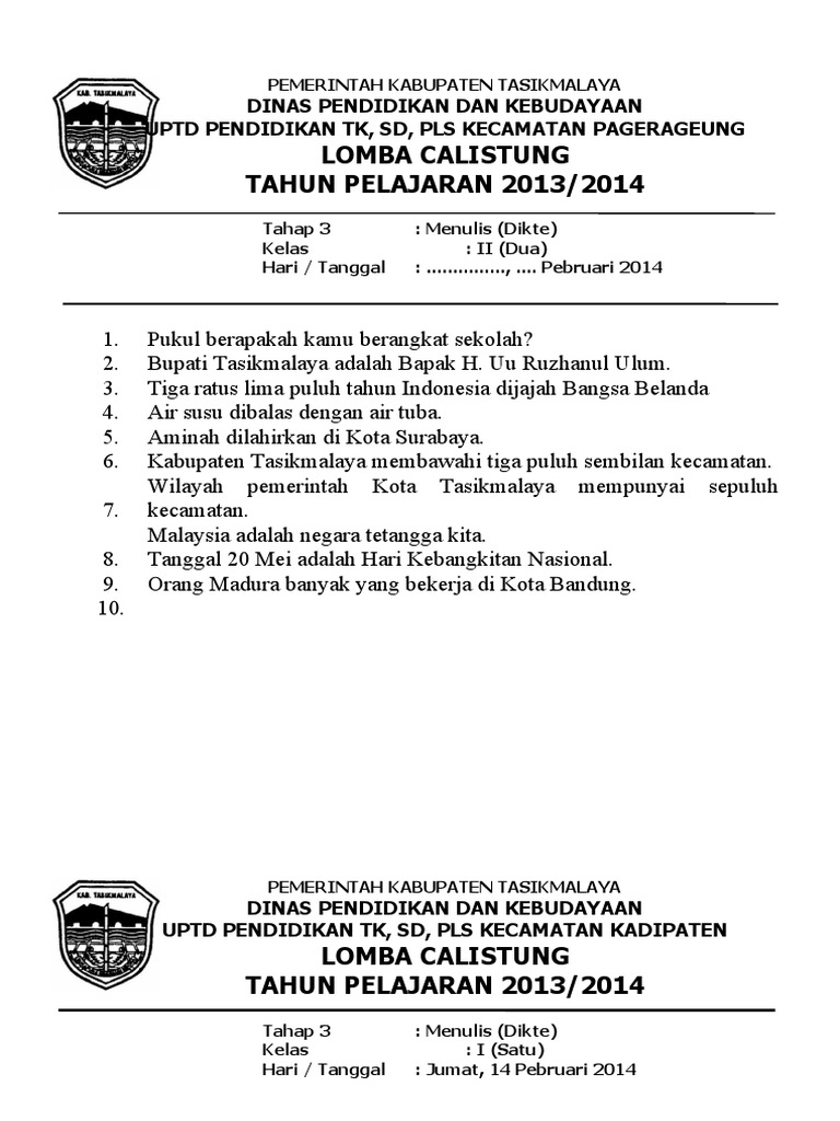 Lomba Calistung Kelas 1 dan 2 SD | PDF