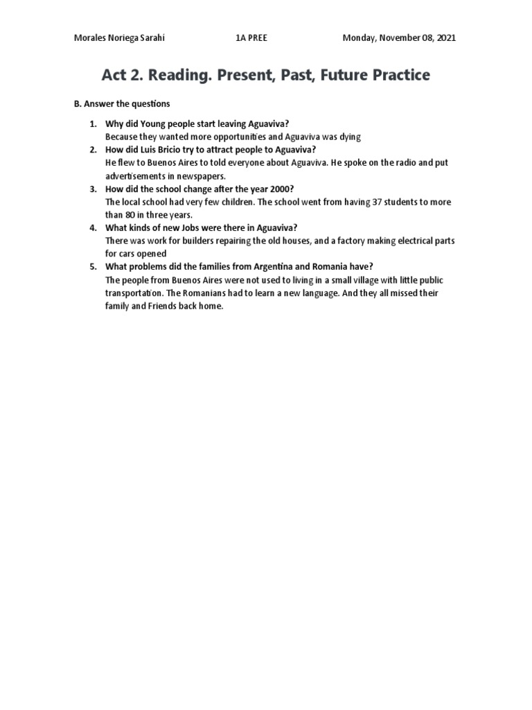 ACT 2. Reading. Present, Past, Future Practice | PDF