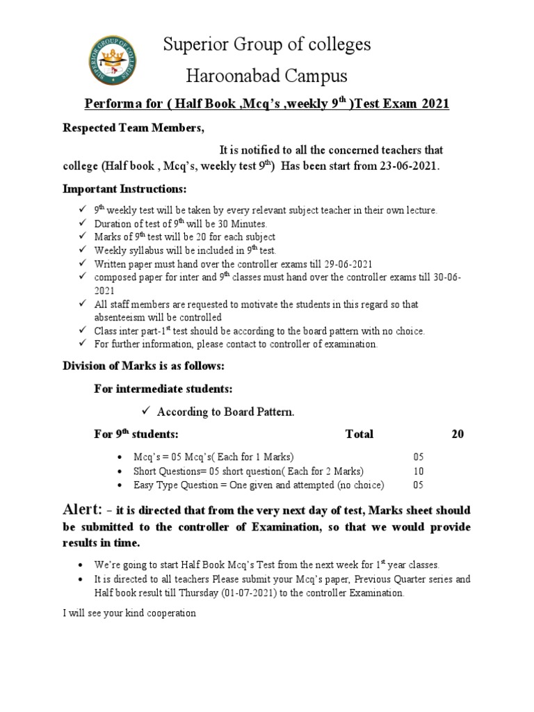 9th Grade Weekly Test Instructions 2021 | PDF
