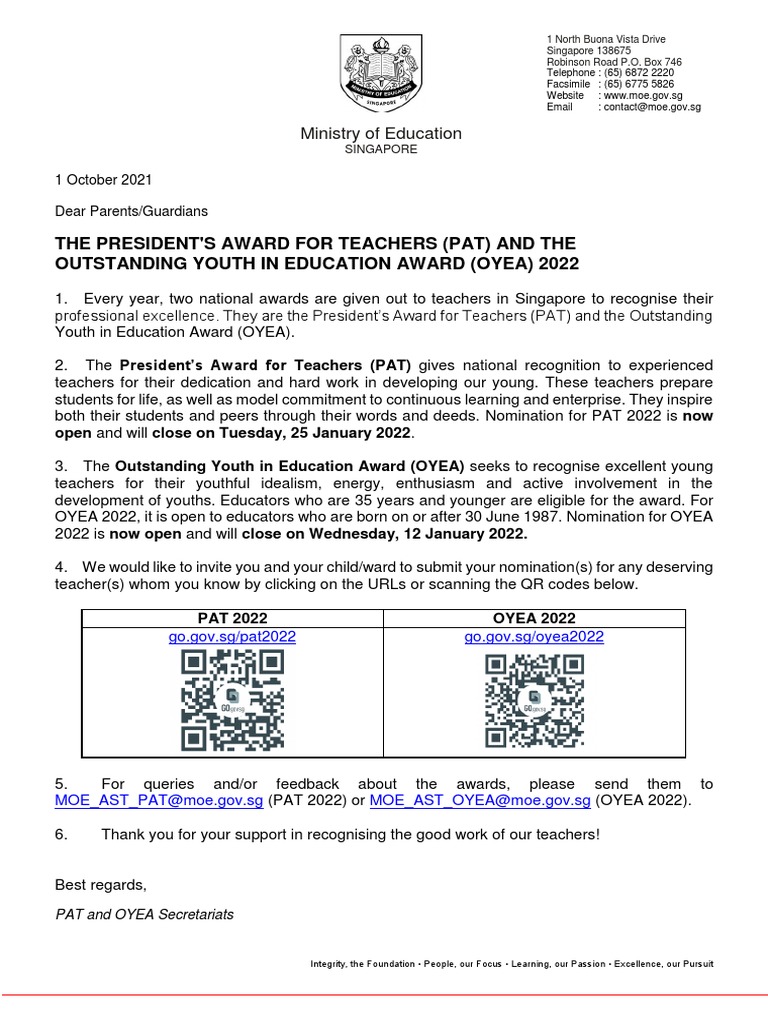 Letter To Parents - PAT-OYEA 2022 | PDF