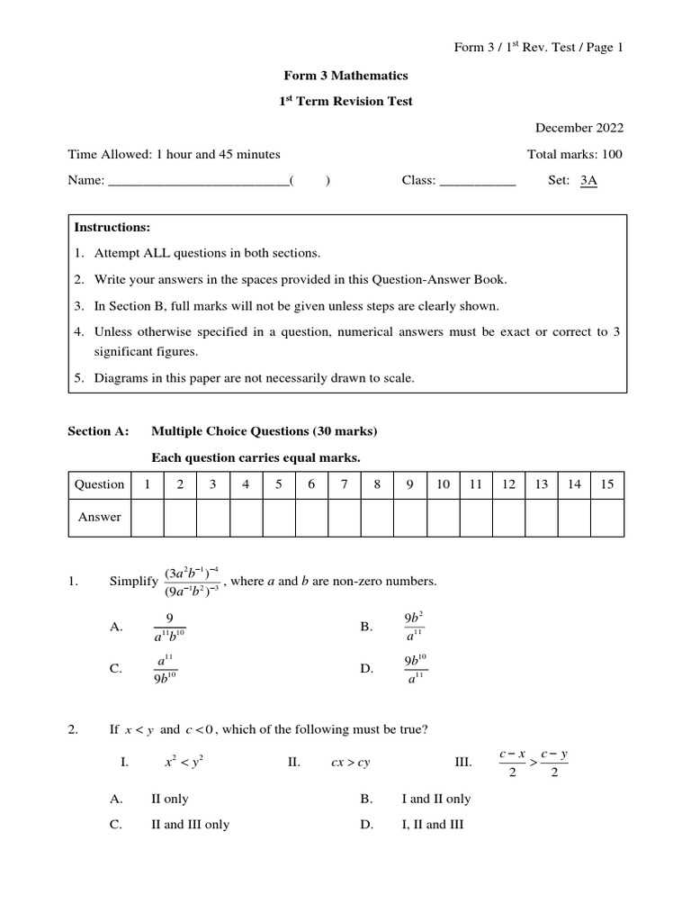 Form 3 - 1st Term Revision Test (2022-2023) (Revised) | PDF | Area | Sphere