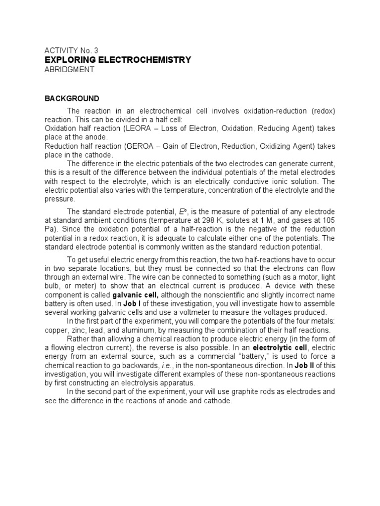 Act03 Exploring Electrochemistry | PDF | Redox | Electrochemistry