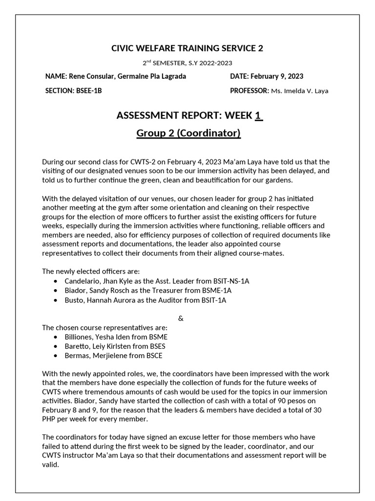 Assessment Report Week 2 Lagrada&Consular Gr.2 | PDF