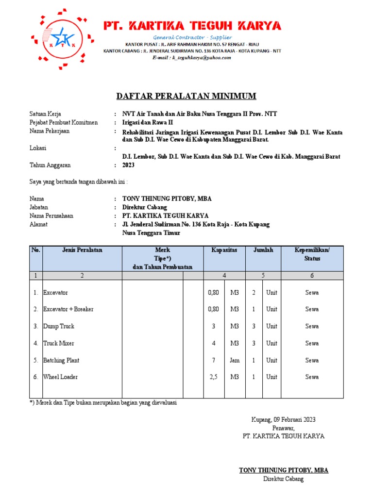 Data Personil Dan Data Peralatan PT KTK NTT | PDF