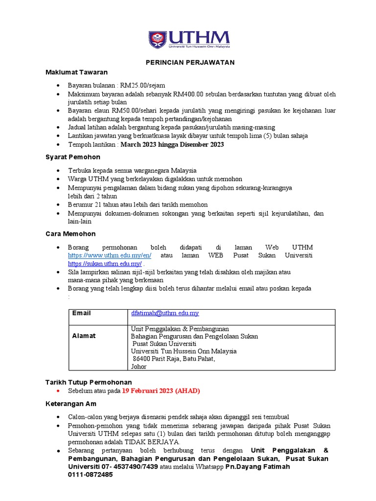 Maklumat Perjawatan Borang Perjawatan Jurulatih Sambilan Sukan 1 | PDF