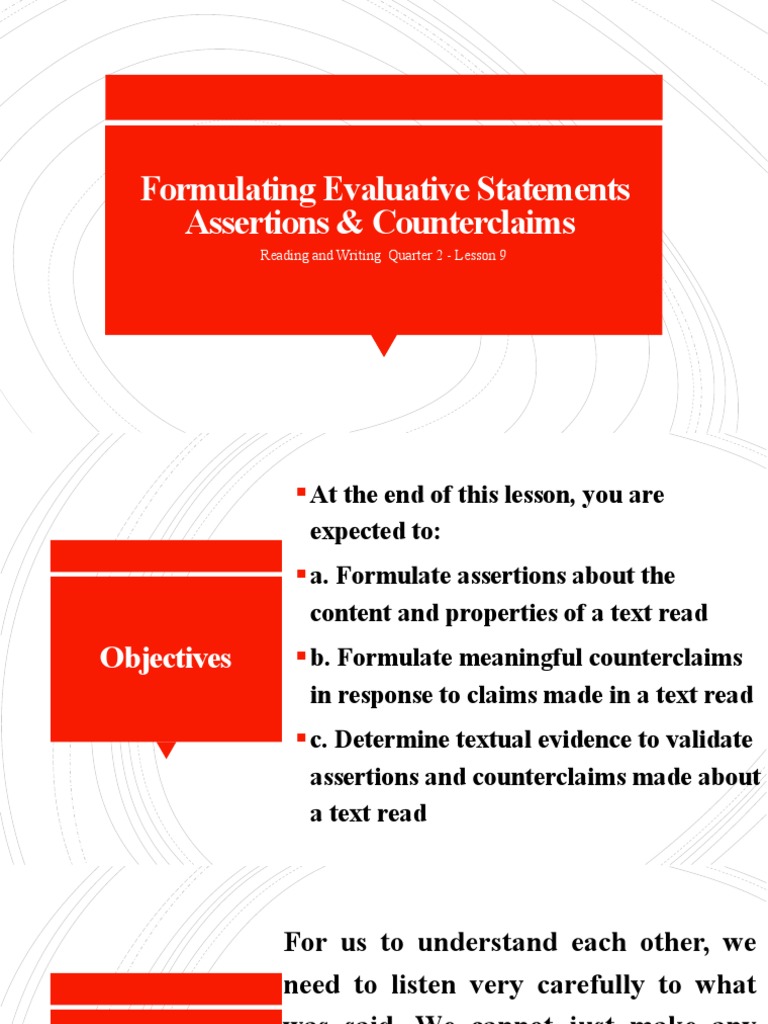 Formulating Evaluative Statements Assertions & Counterclaims | PDF | Evaluation | Argument