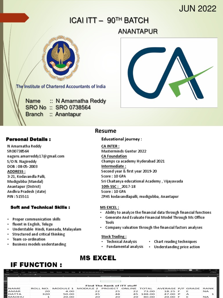 ICAI ITT – 90TH BATCH ANANTAPUR RESUME | PDF | Microsoft Word | Databases