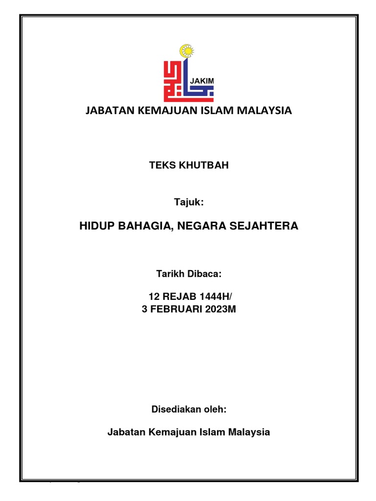 Teks Khutbah Jumaat 3 Februari 2023 - Hidup Bahagia Negara Sejahtera | PDF