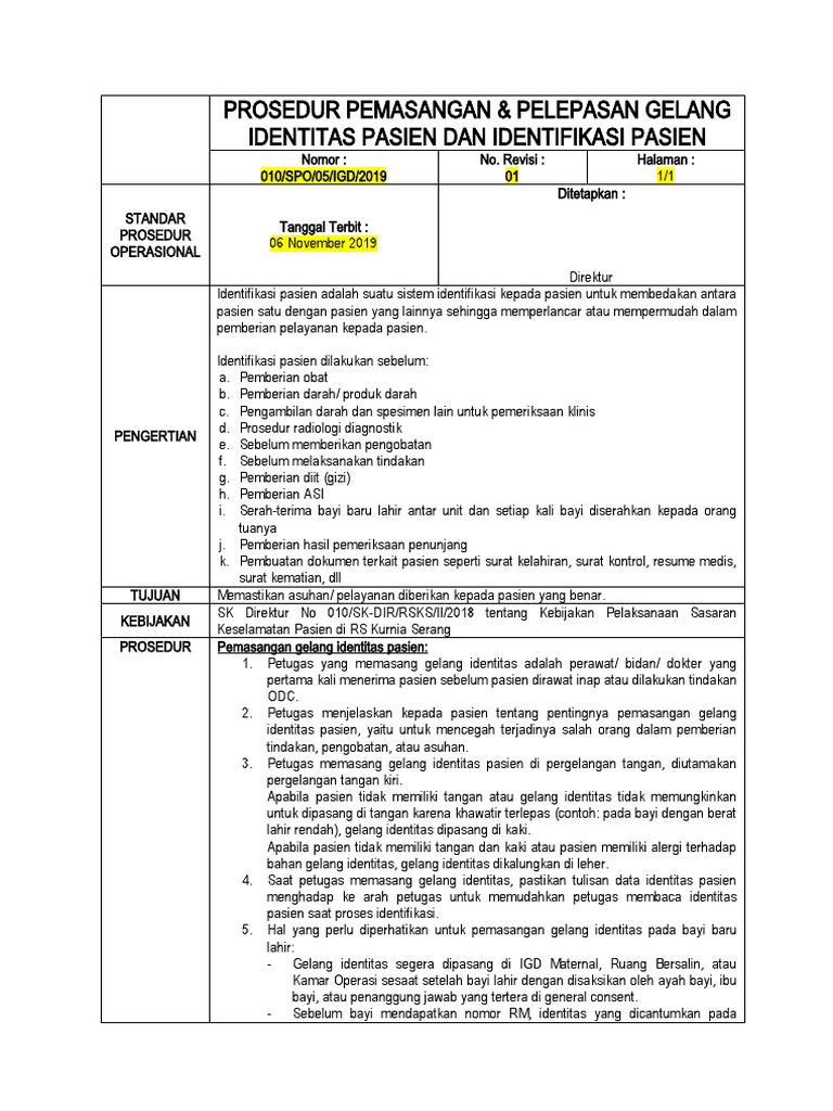 Spo Pemasangan & Pelepasan Gelang Identitas Pasien Dan Identifikasi ...