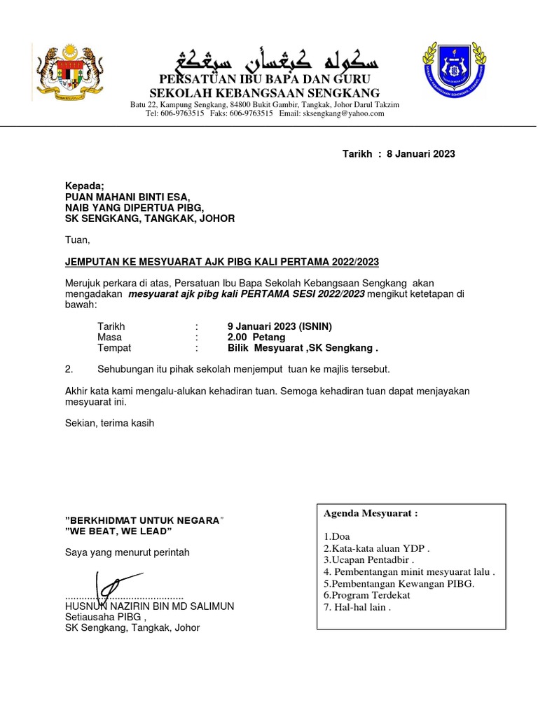Surat Jemputan Mesyuarat Ajk Pibg Kali Pertama 20222023 Nydp | PDF