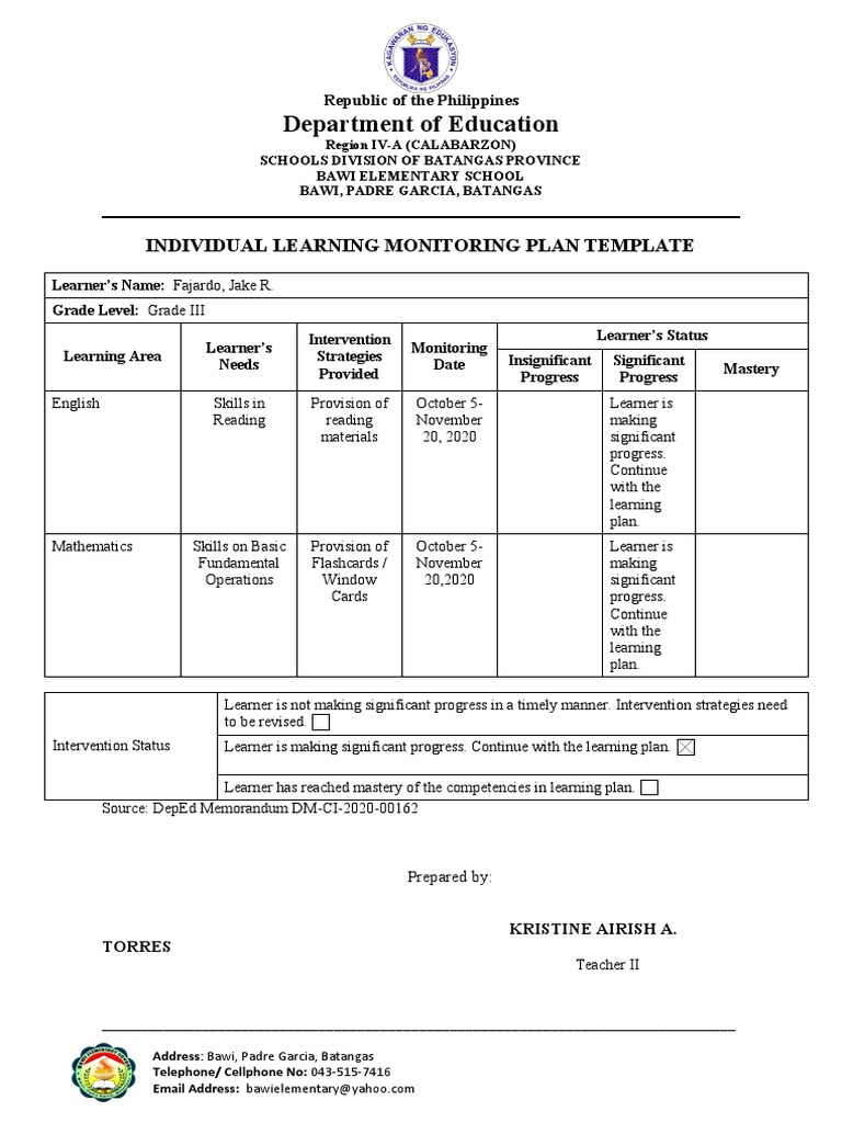Individual Learning Monitoring Plan Template | PDF | Learning | Behavior Modification