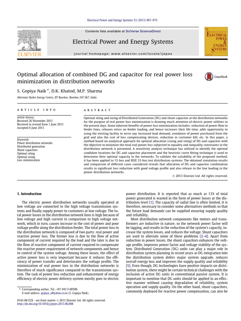 Optimal Allocation of Combined DG and Capacitor For Real Power Loss ... Optimal Allocation of Combined DG and Capacitor For Real Power Loss ...