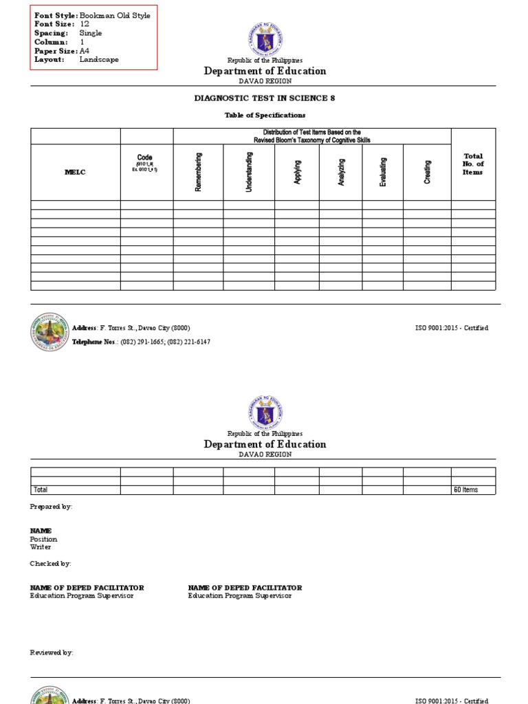 Science 8 Diagnostic Test Specifications | PDF