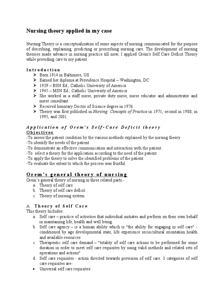 Nursing Theory Applied in My Case | PDF | Nursing | Clinical Medicine