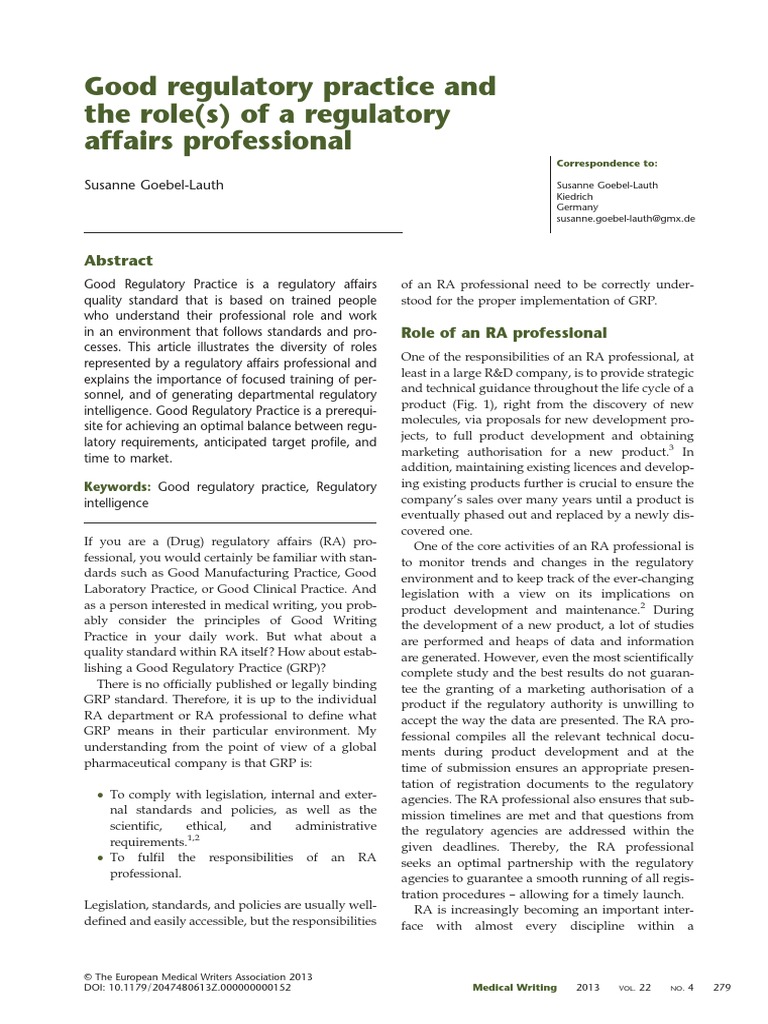 Good Regulatory Practice and The Role(s) of A Regulatory Affairs ...
