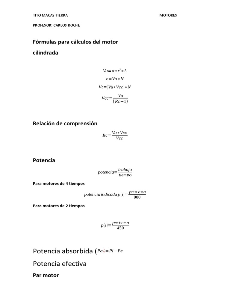Fórmulas para Motores de Combustión | PDF