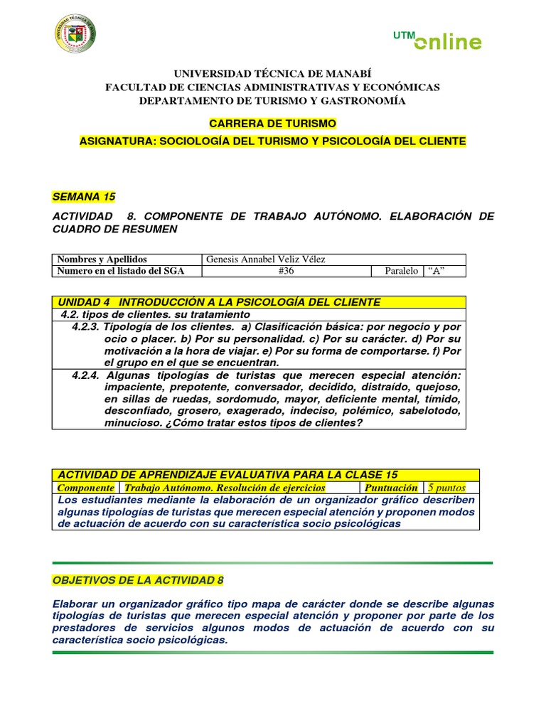 Actividad 8 Semana 15 Unidad 4 Taut 8 Marzo 2021 Genesis Annabel Veliz Velez | PDF | Turismo ...