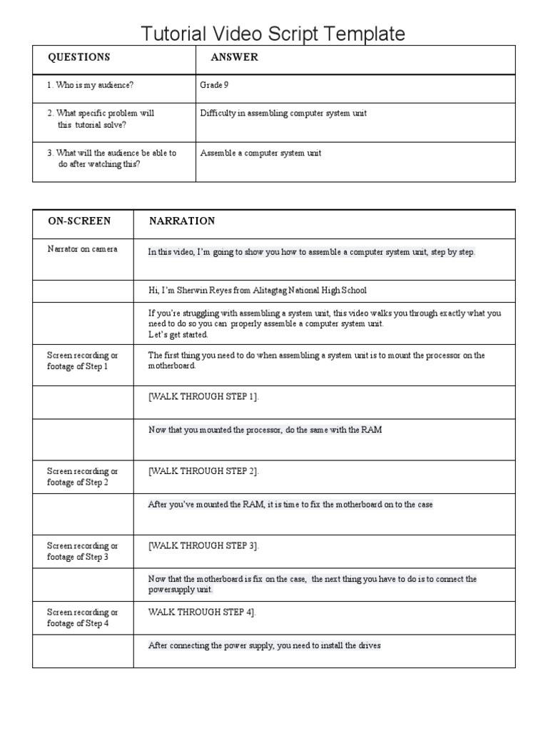 SHERWIN-REYES-TechSmith-Tutorial Video Script Template | PDF | Computer ...